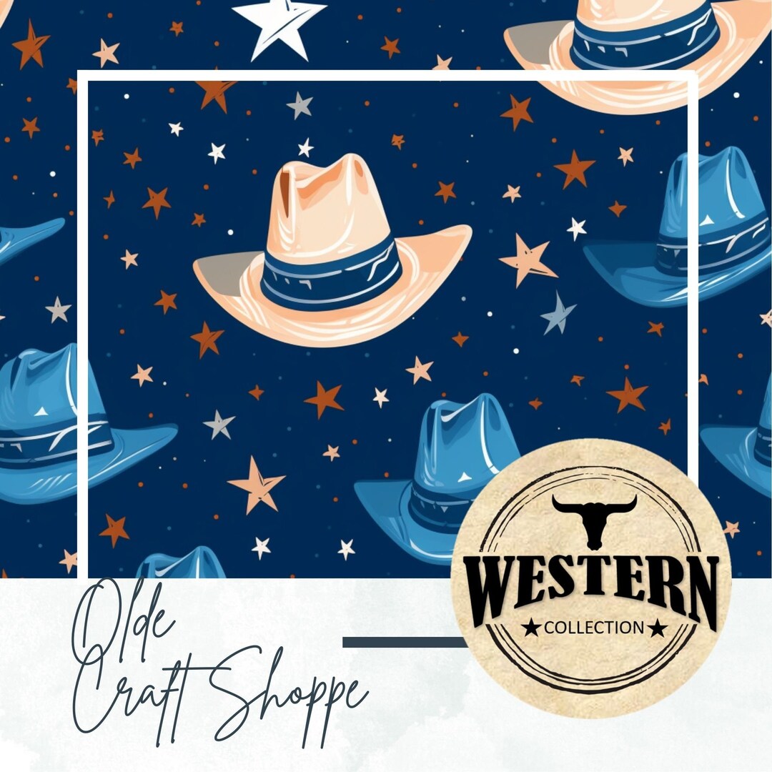Western Seamless Pattern File, Cowboy Hat and Stars on Blue Background ...