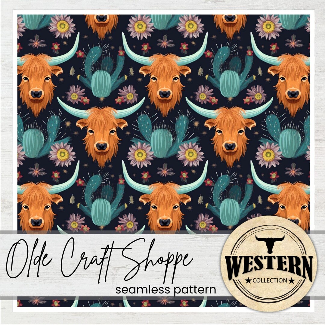 Watercolor Highland Cow Cactus and Flowers Seamless Pattern File ...