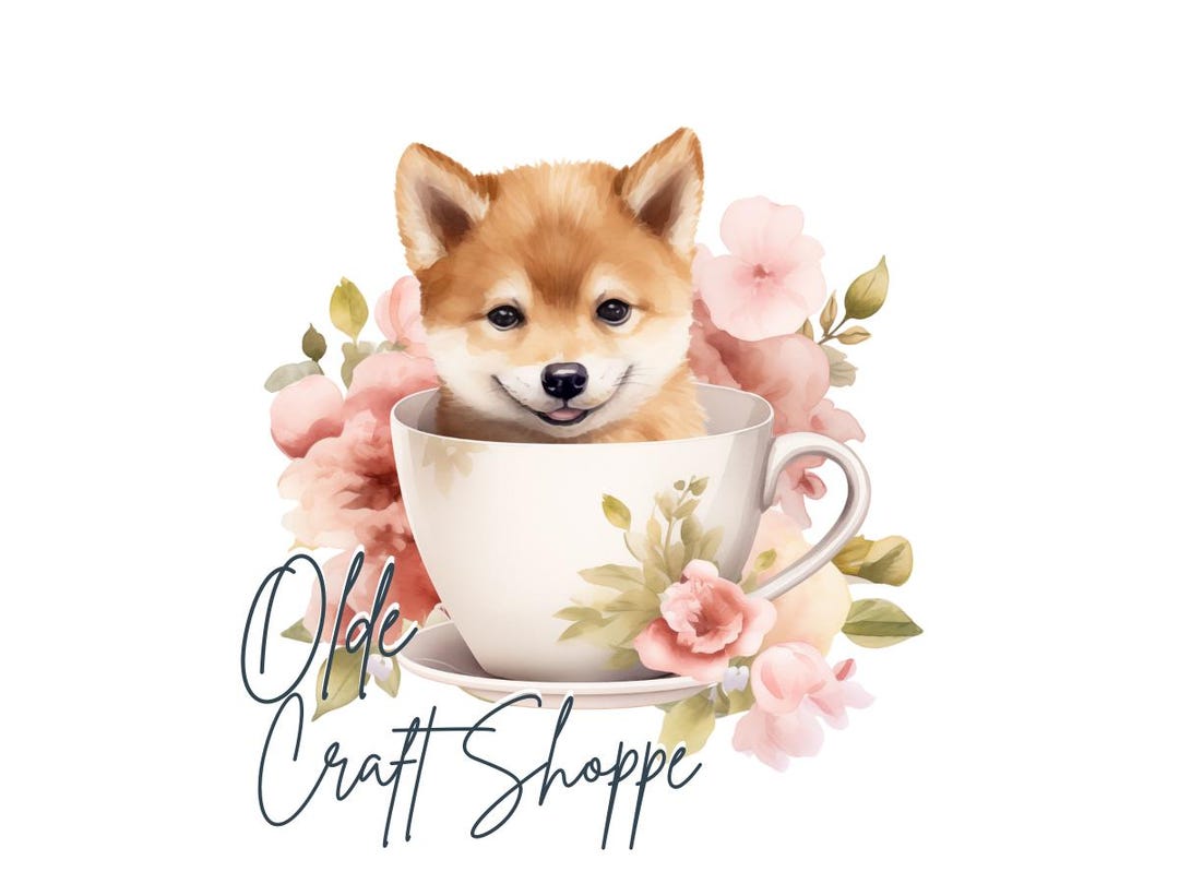 TRANSPARENT BACKGROUND Watercolor Teacup Shiba Inu and Flowers PNG ...