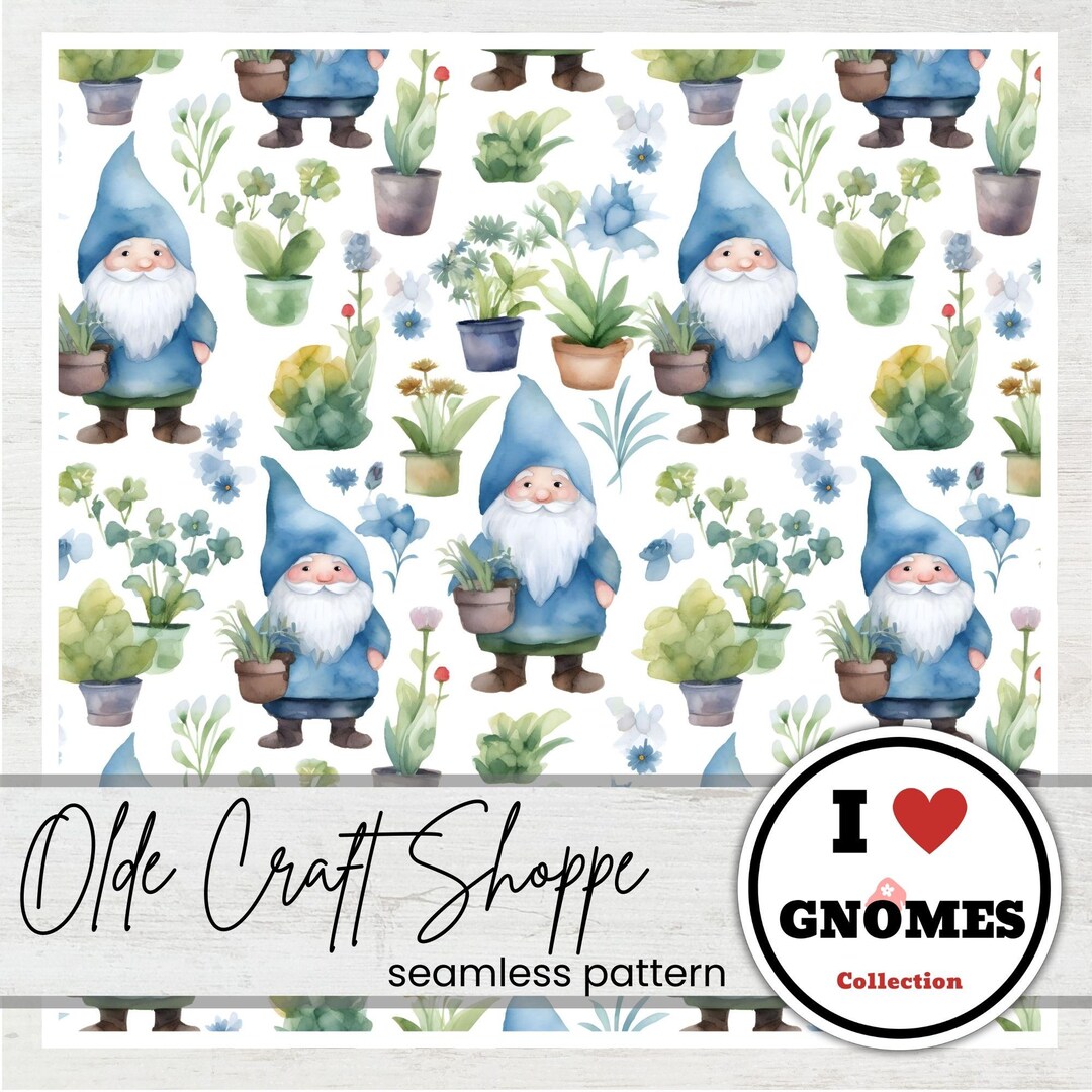 Watercolor Blue Garden Gnome and Plants Seamless Pattern File ...