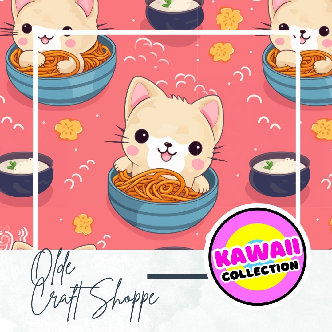 Seamless Pattern File, Fun Kawaii Cute Cartoon Ramen Kittens Noodle ...