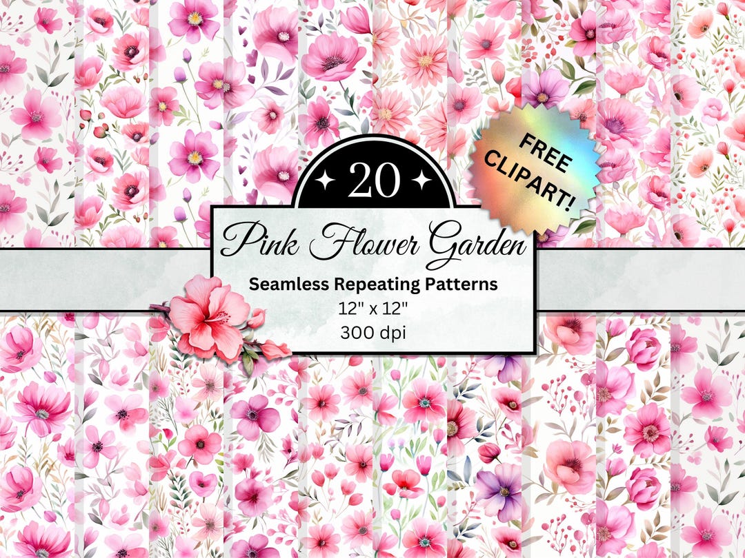 Seamless Watercolor Pink Flowers Pattern Bundle, Shabby Chic Floral ...