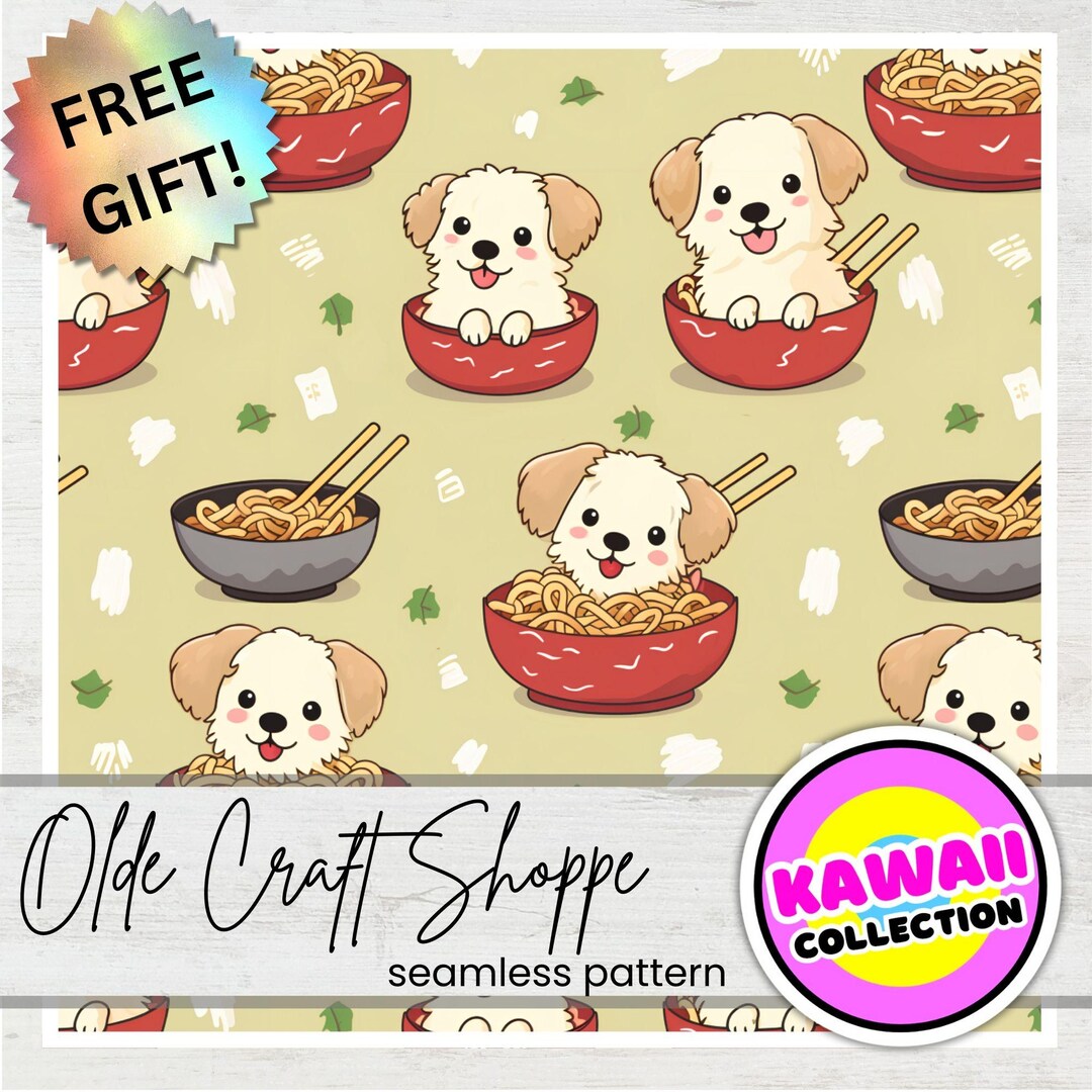 Fun Kawaii Cute Cartoon Ramen Puppies Noodle Bowl Background Seamless ...