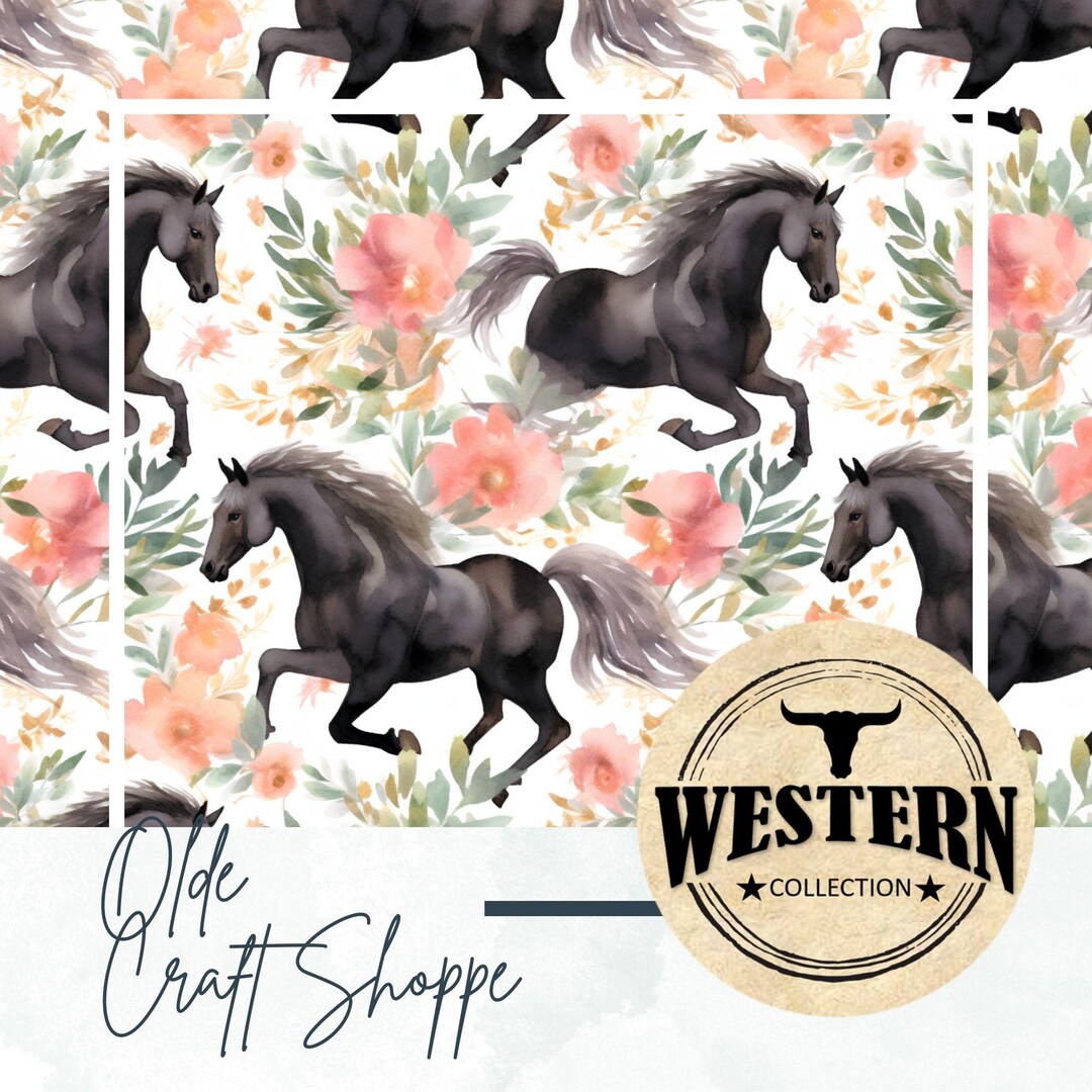 Western Seamless File, Watercolor Wild Black Horses Stallion and ...