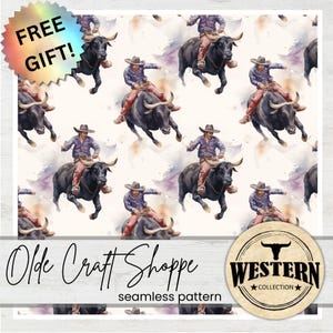 Watercolor Cowboy Rodeo Bull Rider Western Seamless Pattern File ...