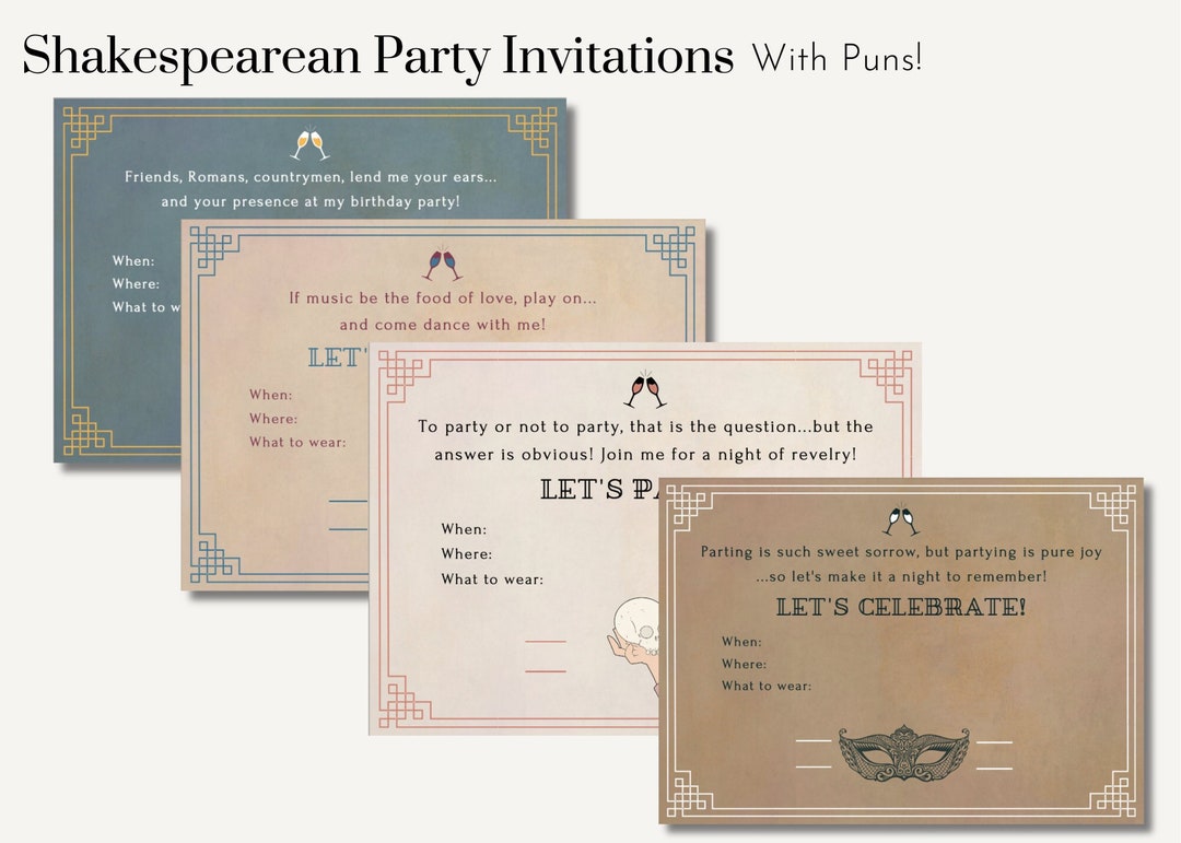 Shakespeare Party Invitations With Puns, Set of 4, Literary Party ...