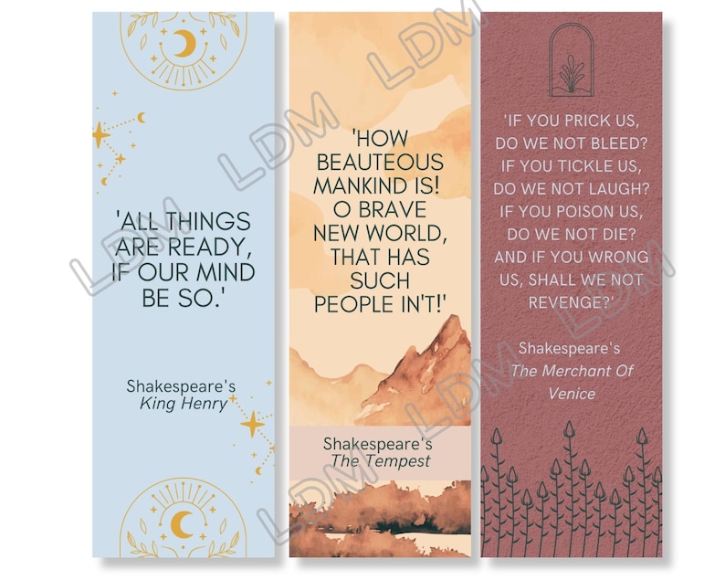Shakespeare Bookmarks With Quotes Set of 7 Gift for - Etsy