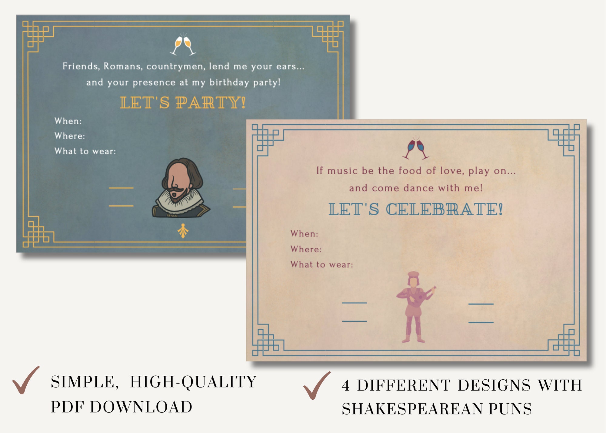 Shakespeare Party Invitations With Puns, Set of 4, Literary Party ...