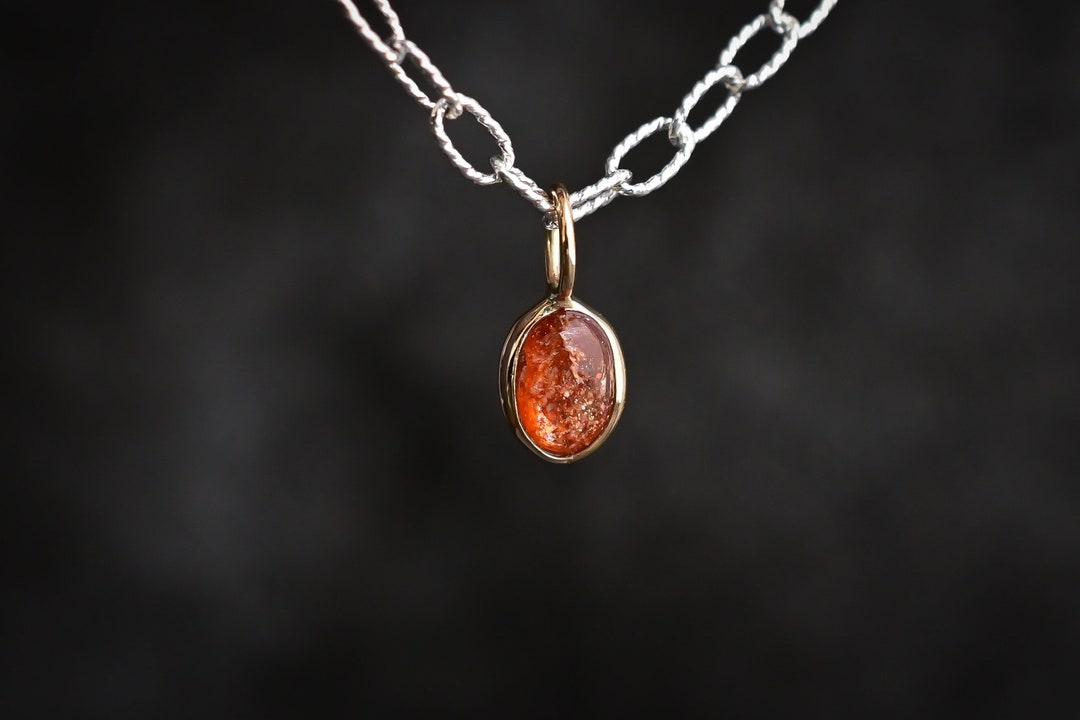 Orange Sunstone Oval 18k Solid Gold Charm Pendant, Natural Gemstone ...
