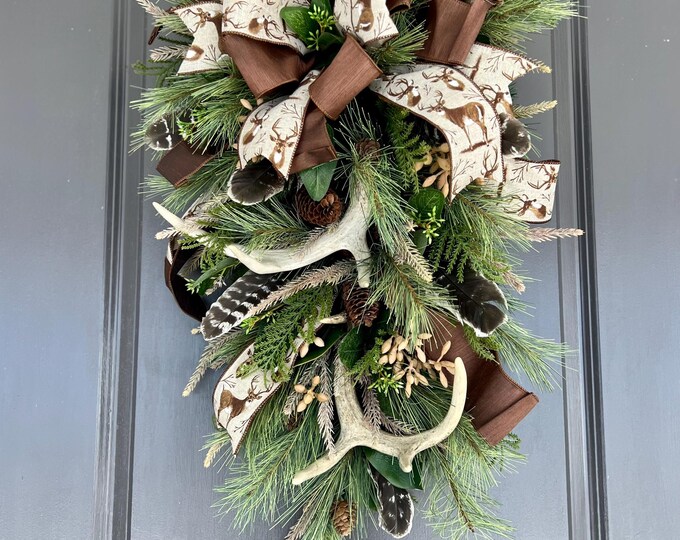 Antler Wreath Swag for Front Door With Real Antlers, Turkey Feathers ...