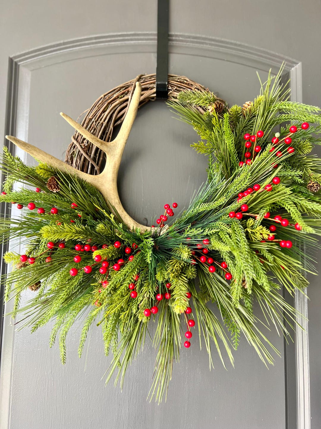 Christmas Antler Wreath for Front Door, Rustic Christmas Wreath With ...
