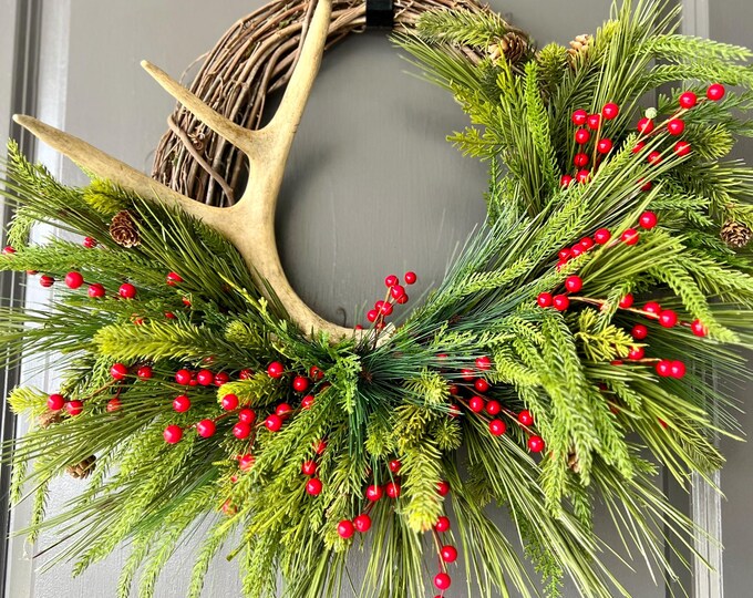 Christmas Antler Wreath for Front Door, Rustic Christmas Wreath With ...