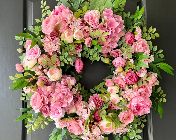 Pink Floral Wreath for Front Door, Pink Summer Wreath, Cottage Style ...