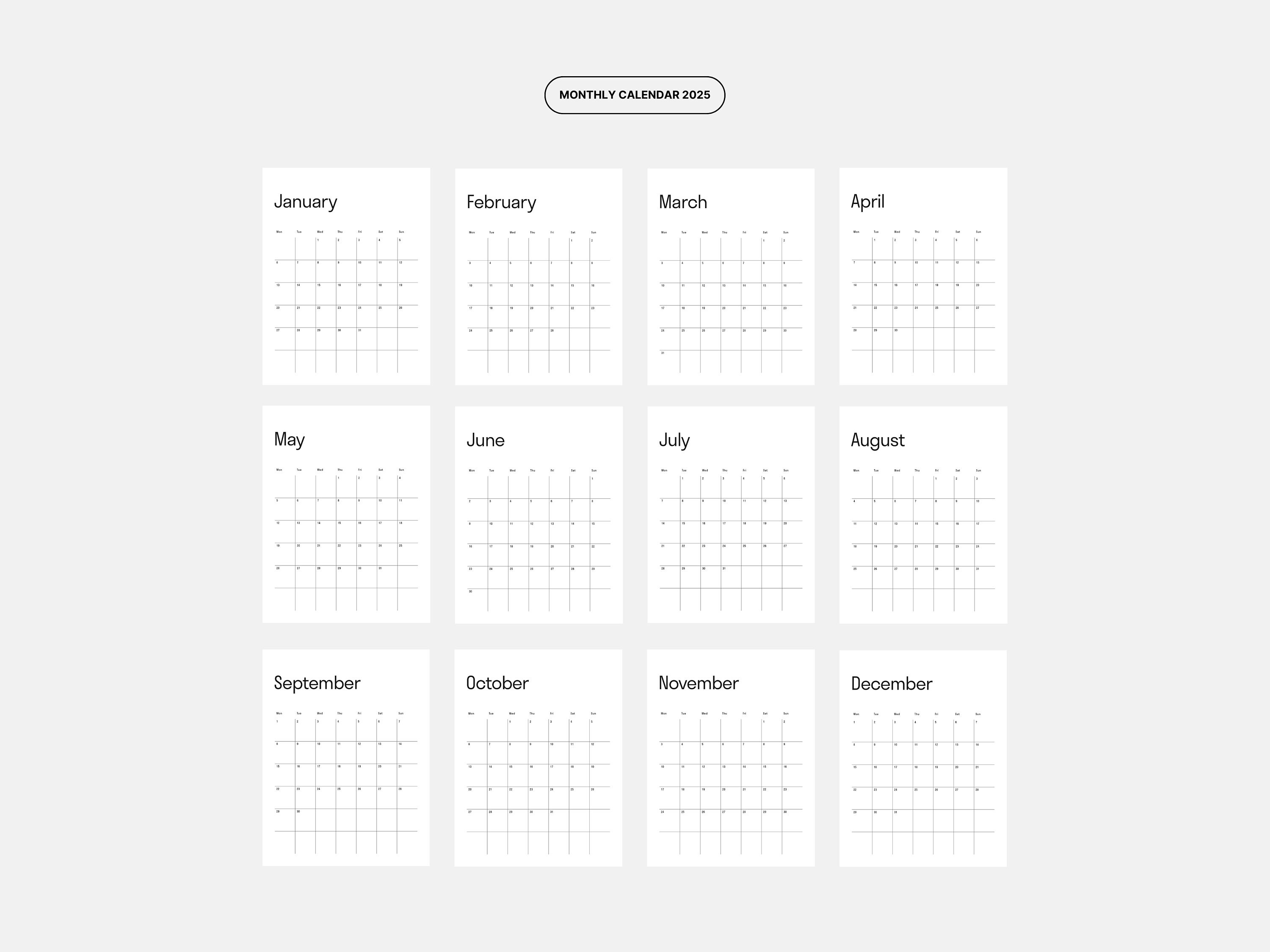 Minimal Printable Monthly Planner 2025, Month at a Glance 2025 Calendar ...