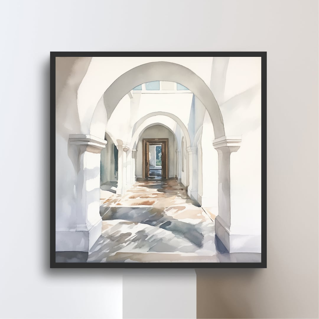 Greek Hallway With Arches Print, Mediterranean Muted Tones Watercolor ...