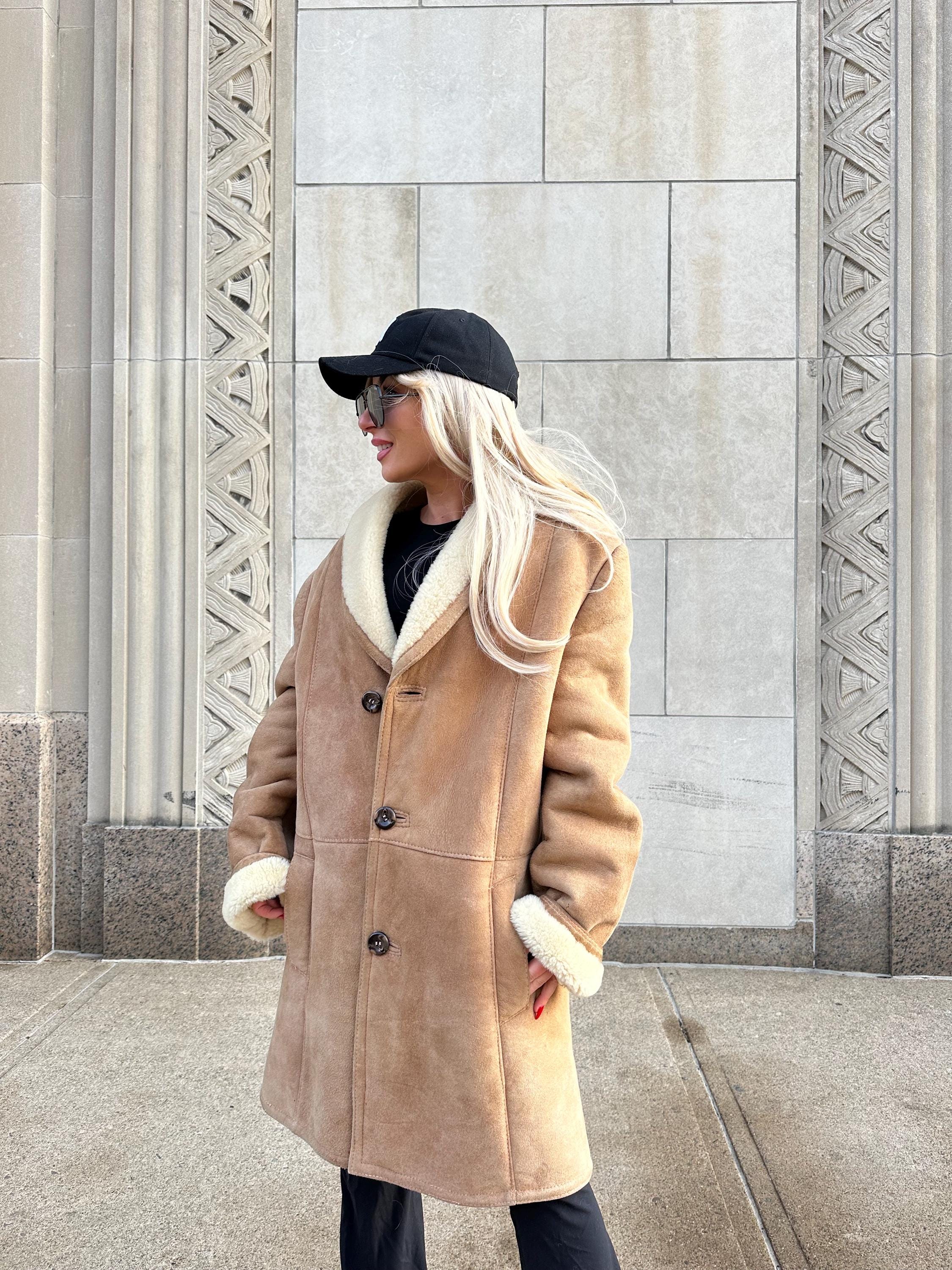 Vintage Jacket Coat Leather Shearling Sheepskin Wool Brown Unisex ...