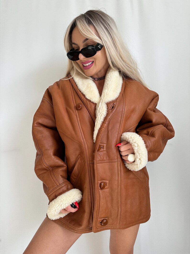 Vintage Coat Leather Sheepskin Shearling Jacket Rancher Malboro Style ...