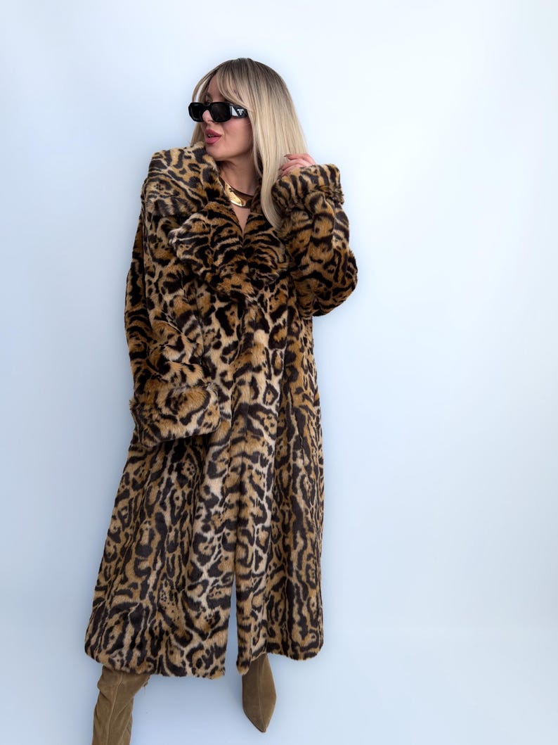 Vintage Long Faux Fur Cheetah Coat Designer Plus Size XL XXL Oversized ...