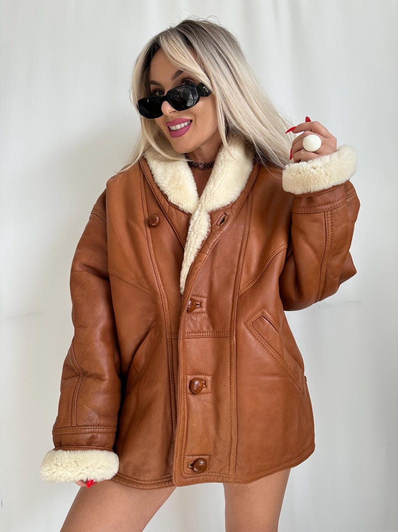 Vintage Coat Leather Sheepskin Shearling Jacket Rancher Malboro Style ...