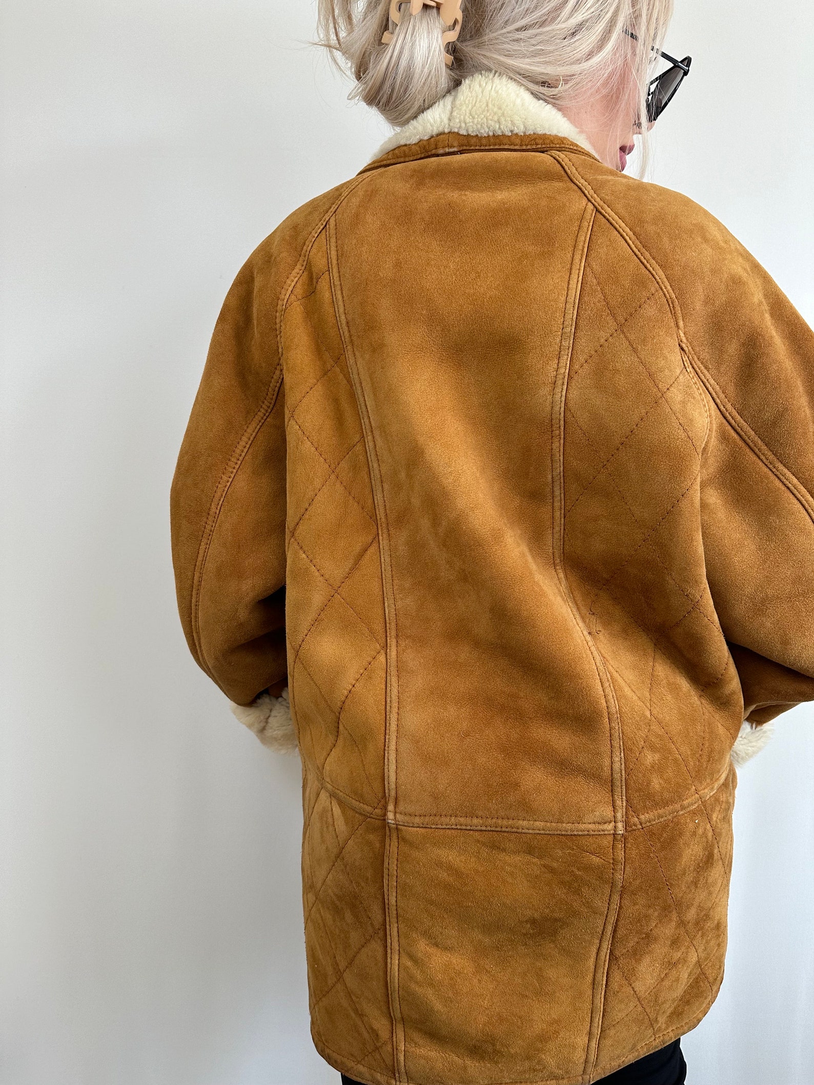 Vintage Mens Suede Shearling Sheepskin Leather Button up Wool Jacket Coat Ranch Rancher Western ...