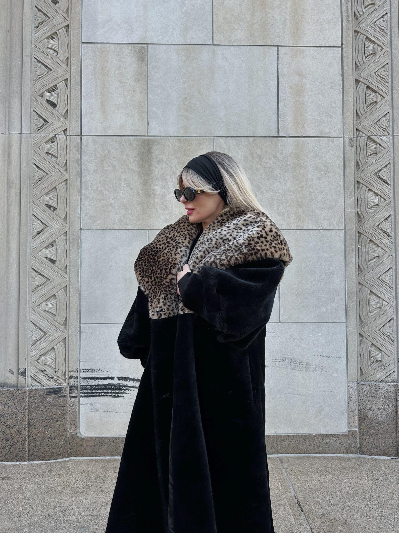 Vintage Faux Fur Coat: Cheetah Print Collar, Long Black Jacket, Size L ...