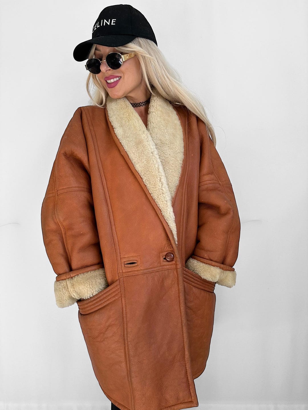 Vintage Jacket Coat Leather Shearling Sheepskin Wool Brown Unisex ...