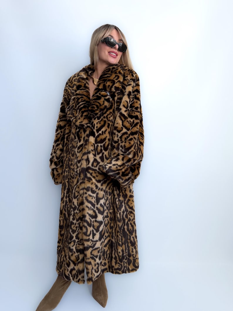 Vintage Long Faux Fur Cheetah Coat Designer Plus Size XL XXL Oversized ...