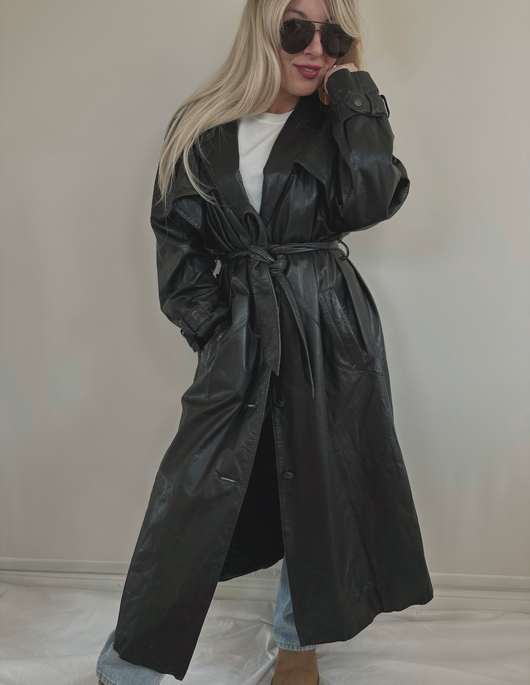 Vintage Genuine Long Trench Duster Leather Biker 90s Y2k Coat - Etsy