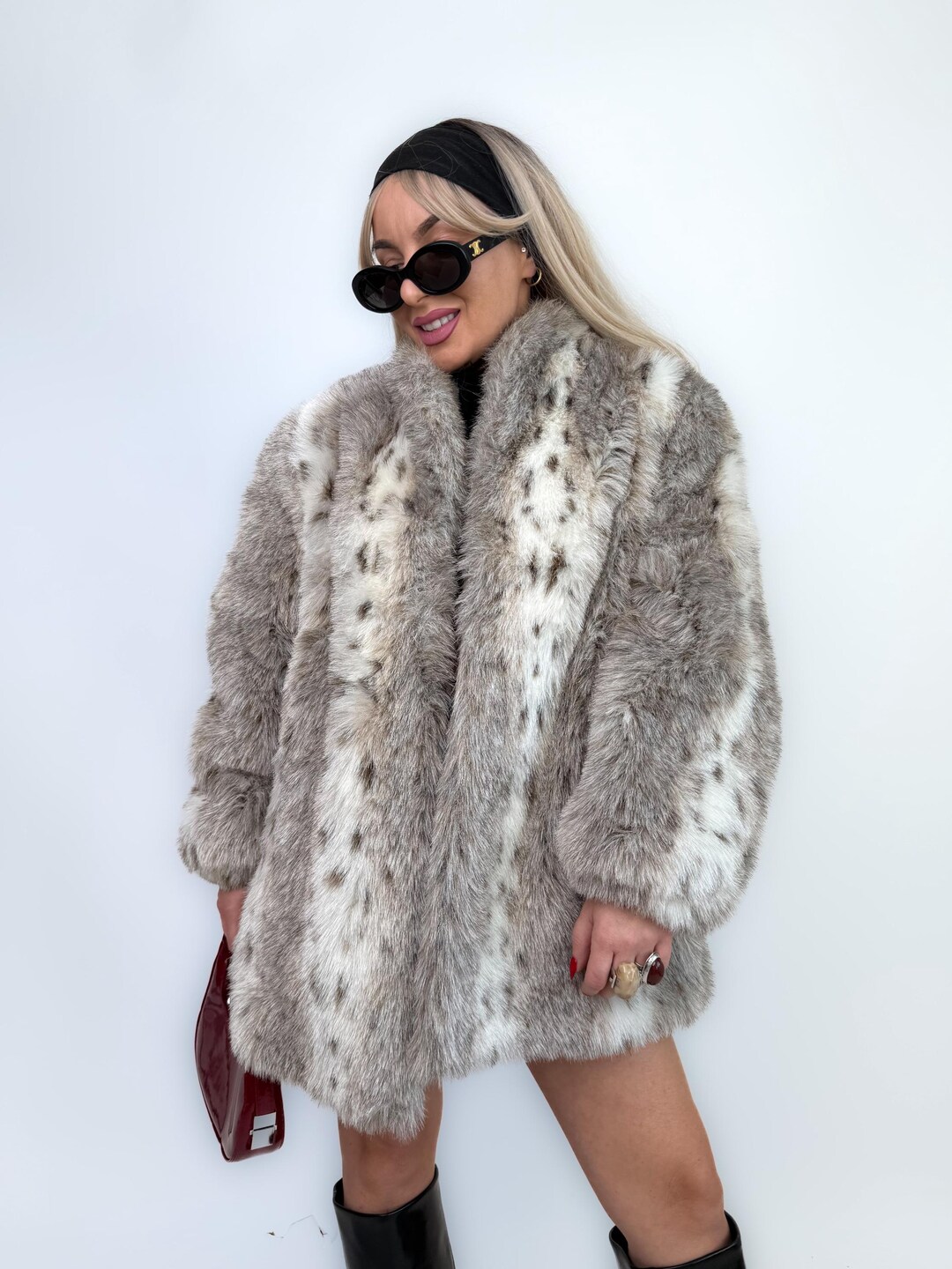 Vintage Gray Ivory Faux Fur Coat Mid Length Animal Print Snow Fox ...