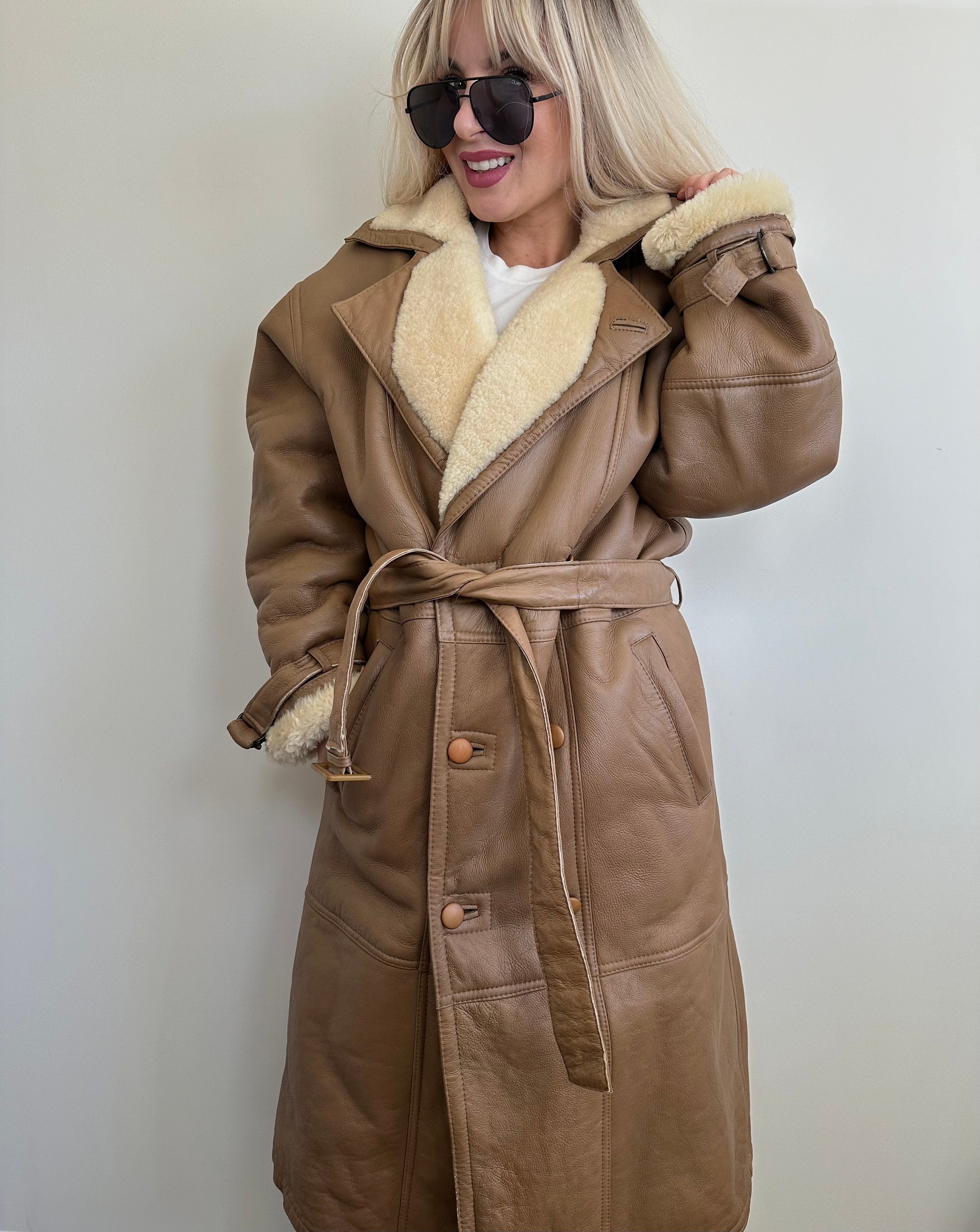 Vintage Belted Long Natural Shearling Sheepskin Leather Rancher Ranch ...