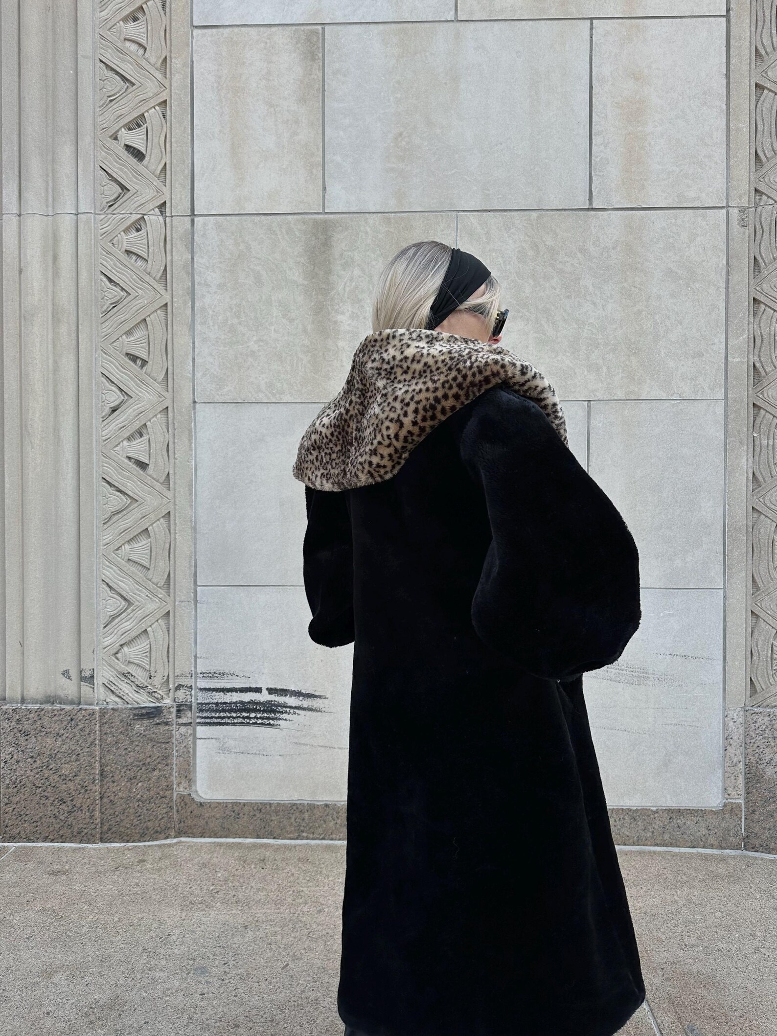 Vintage Faux Fur Coat: Cheetah Print Collar, Long Black Jacket, Size L ...