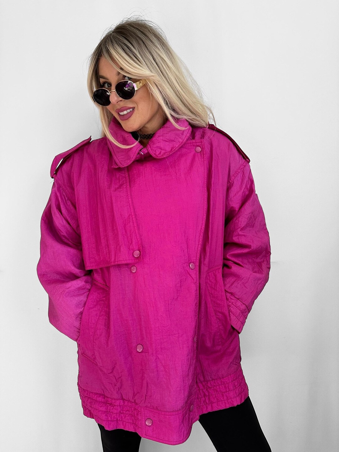 Vintage Jacket Lightweight Hot Pink Coat Parka Neon Oversize Retro ...