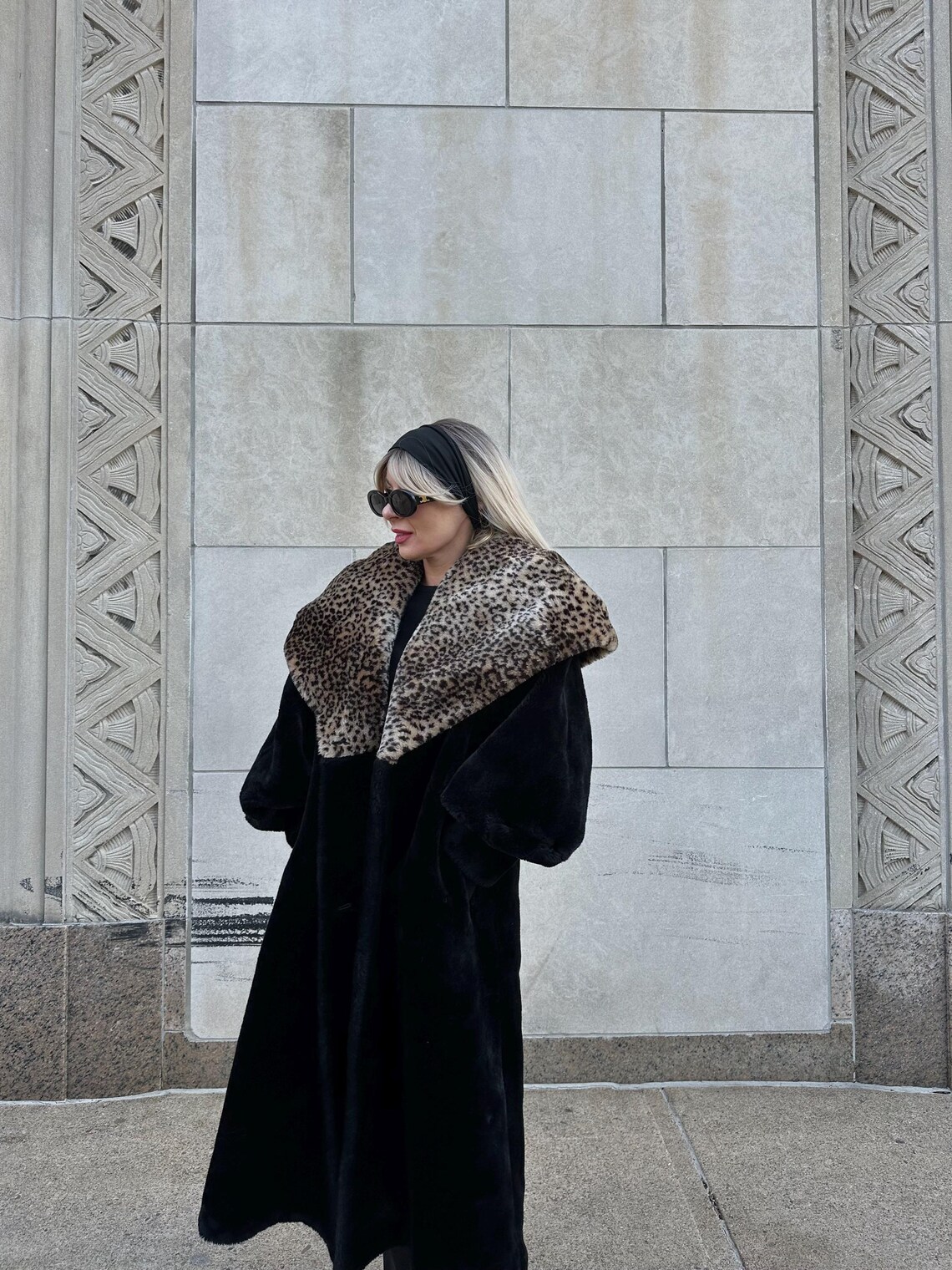 Vintage Faux Fur Coat: Cheetah Print Collar, Long Black Jacket, Size L ...