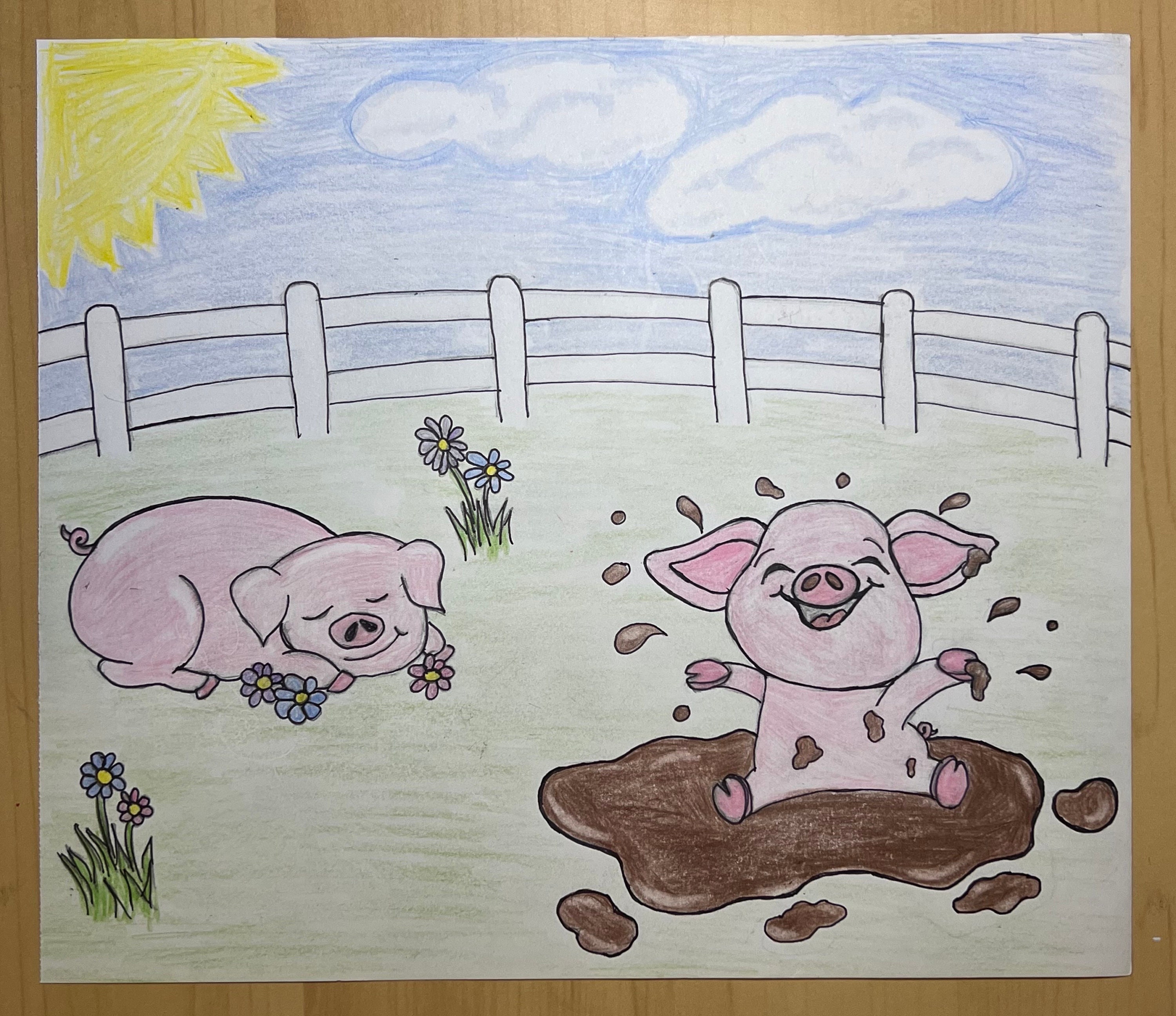 Color Pencil Drawing Happy Pigs 10.5 X 9 Paper Unframed - Etsy