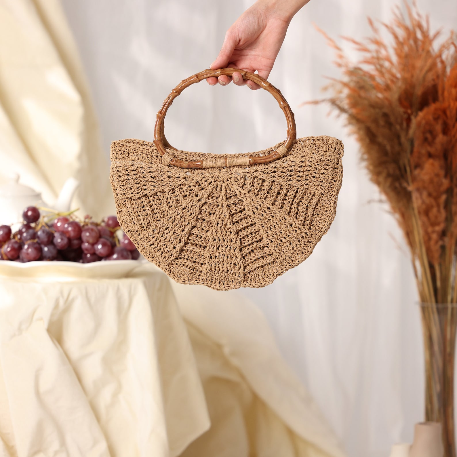 Crochet Straw Tote Bag, Evening Pouch Bag, Woven Pouch Bag, Wooden ...