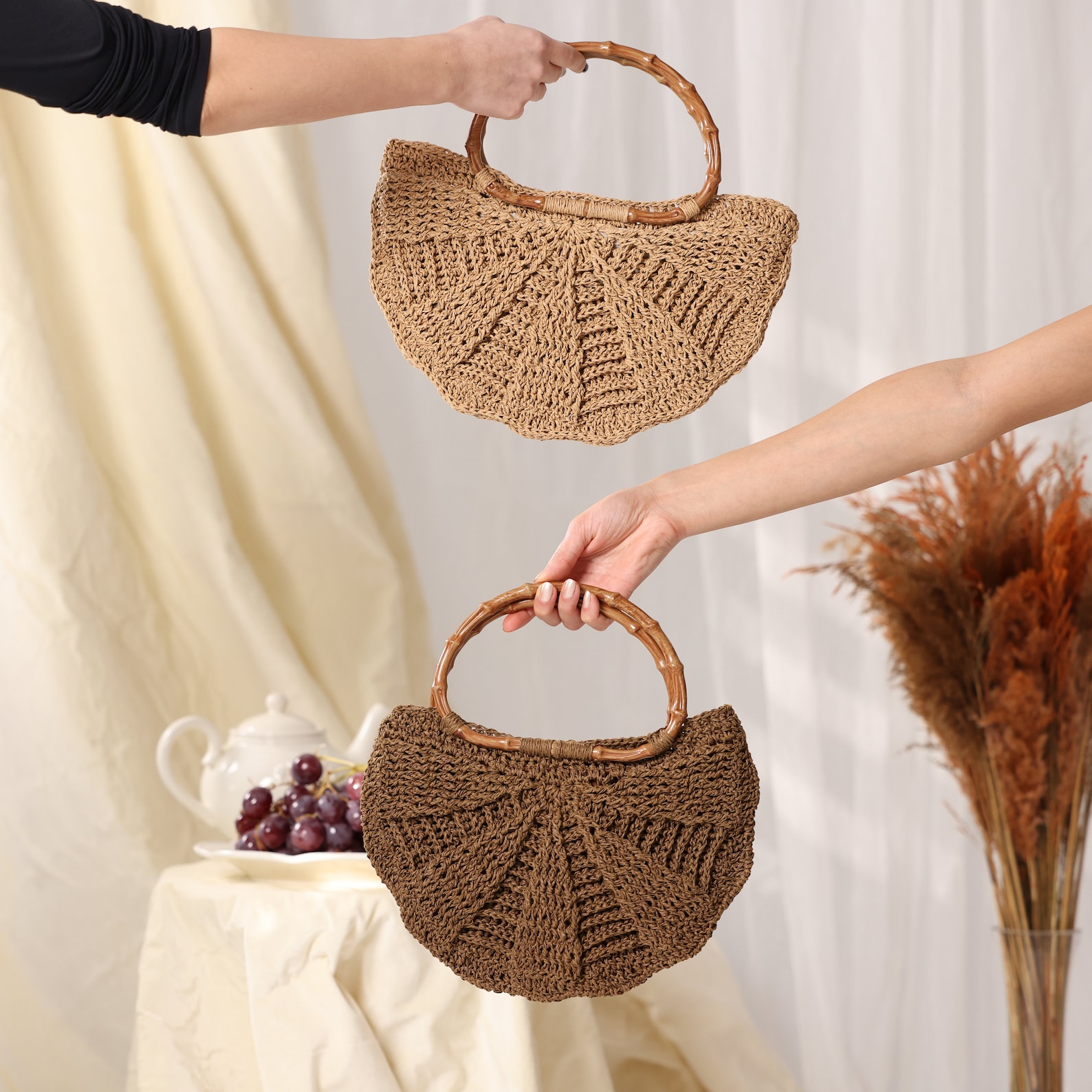 Crochet Straw Tote Bag, Evening Pouch Bag, Woven Pouch Bag, Wooden ...