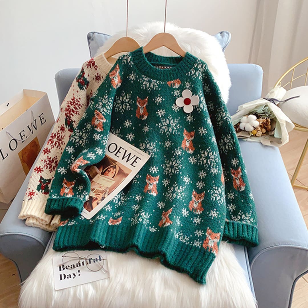 Fox Snowflake Jumper Christmas Sweater Fox Pullover Knit - Etsy
