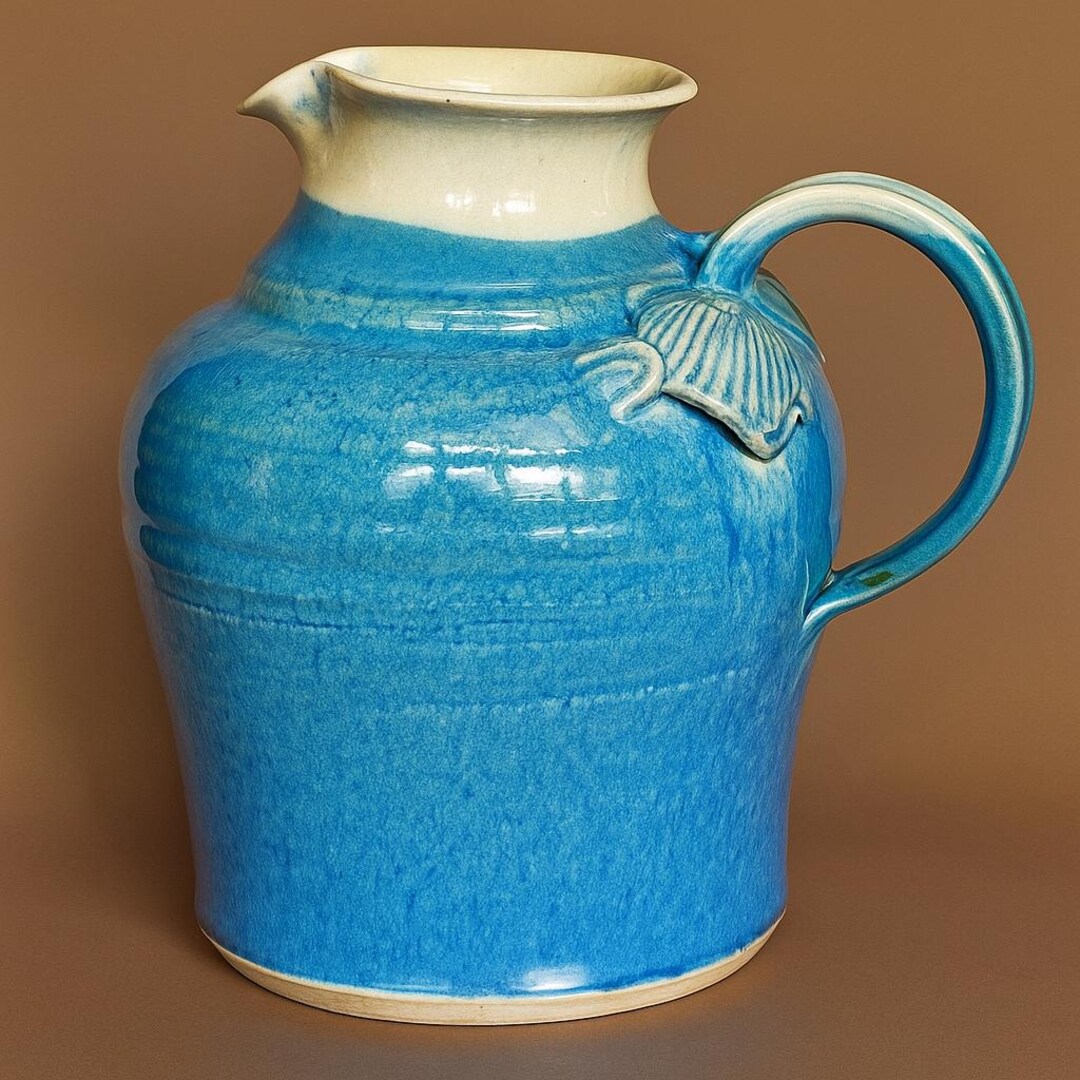 Handmade Pottery Pitcher Blue Drip Glaze Coastal Shell Handle Studio ...