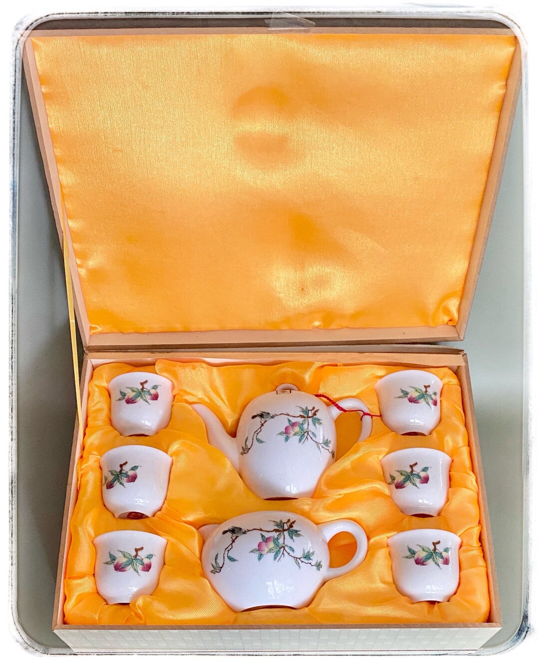 Vintage Ten Fu Tea China Set Porcelain Bird Fruit Design Original Box ...