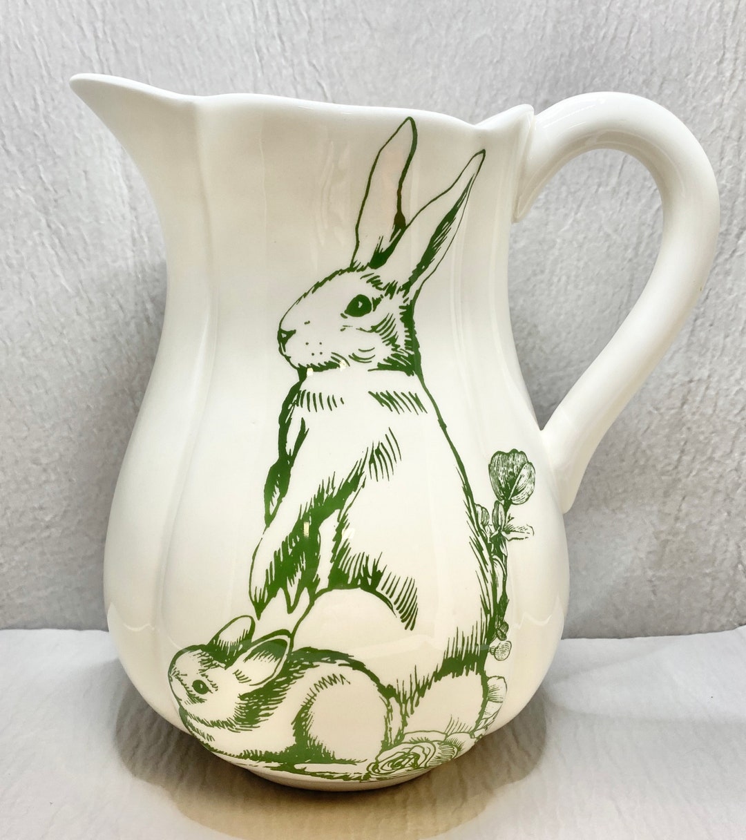 Vintage Bunny Toile by J Willfred White Green Bunny Pitcher Pottery - Etsy