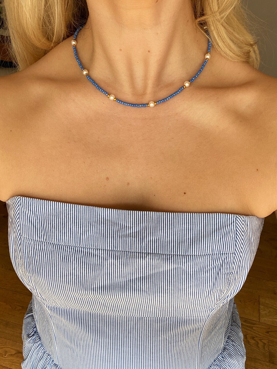 Ocean Blue Pearl Beaded Necklace | Layering Choker | Handmade Jewellery ...