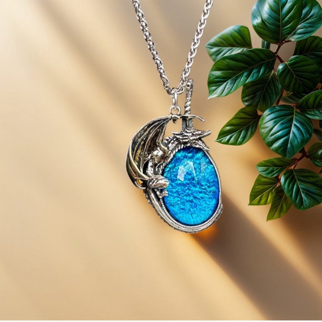 Silver Dragon Opal Necklace,crystal Pendant,blue Birthstone,vintage ...