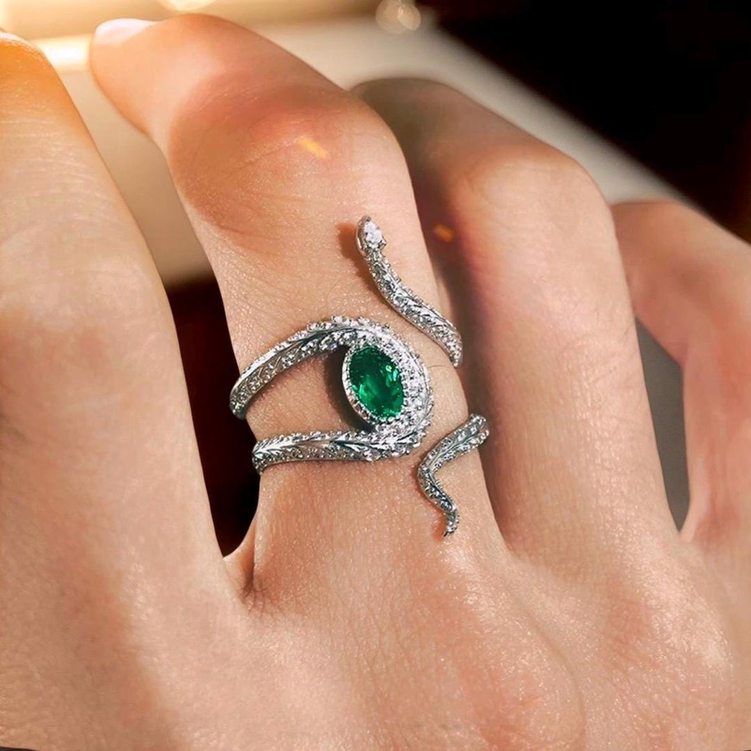 Sterling Silver Snake Ring: Adjustable Emerald Gemstone Statement ...