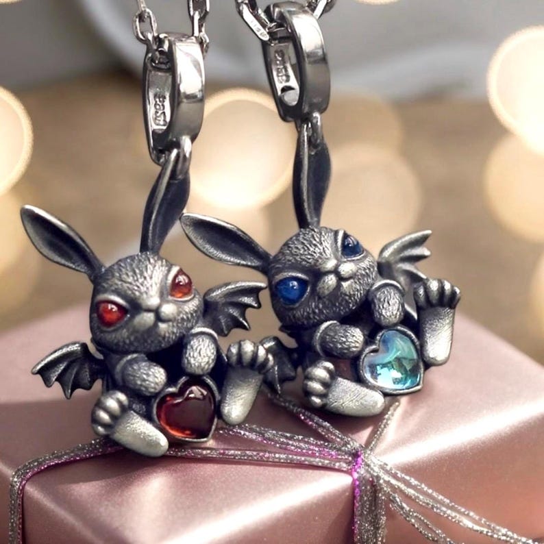 Sterling Silver Winged Rabbit Necklace: Gemstone Heart Pendant - Etsy