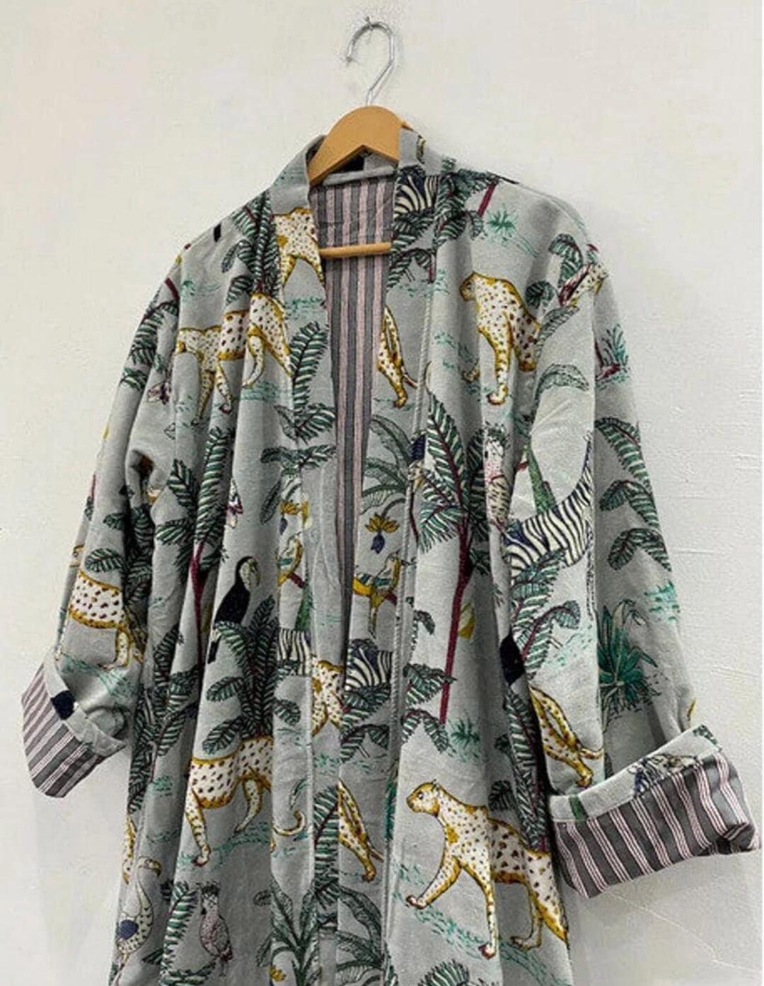 Grey Jungle Print Velvet Kimono Robes Morning Tea Velvet Coat ...