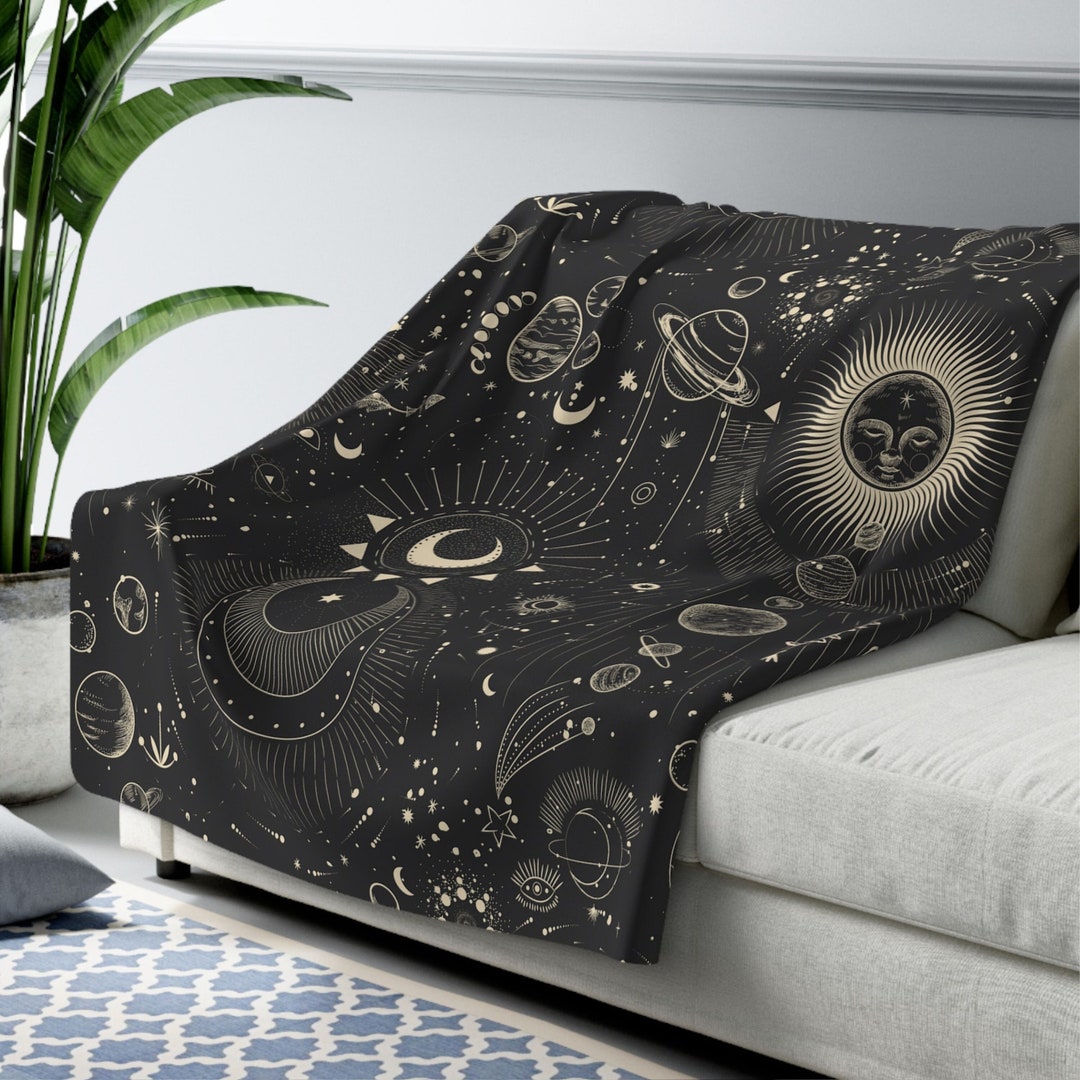 Celestial Night Sky Blanket, Black & Gold, Sun and Moon, Stars and ...