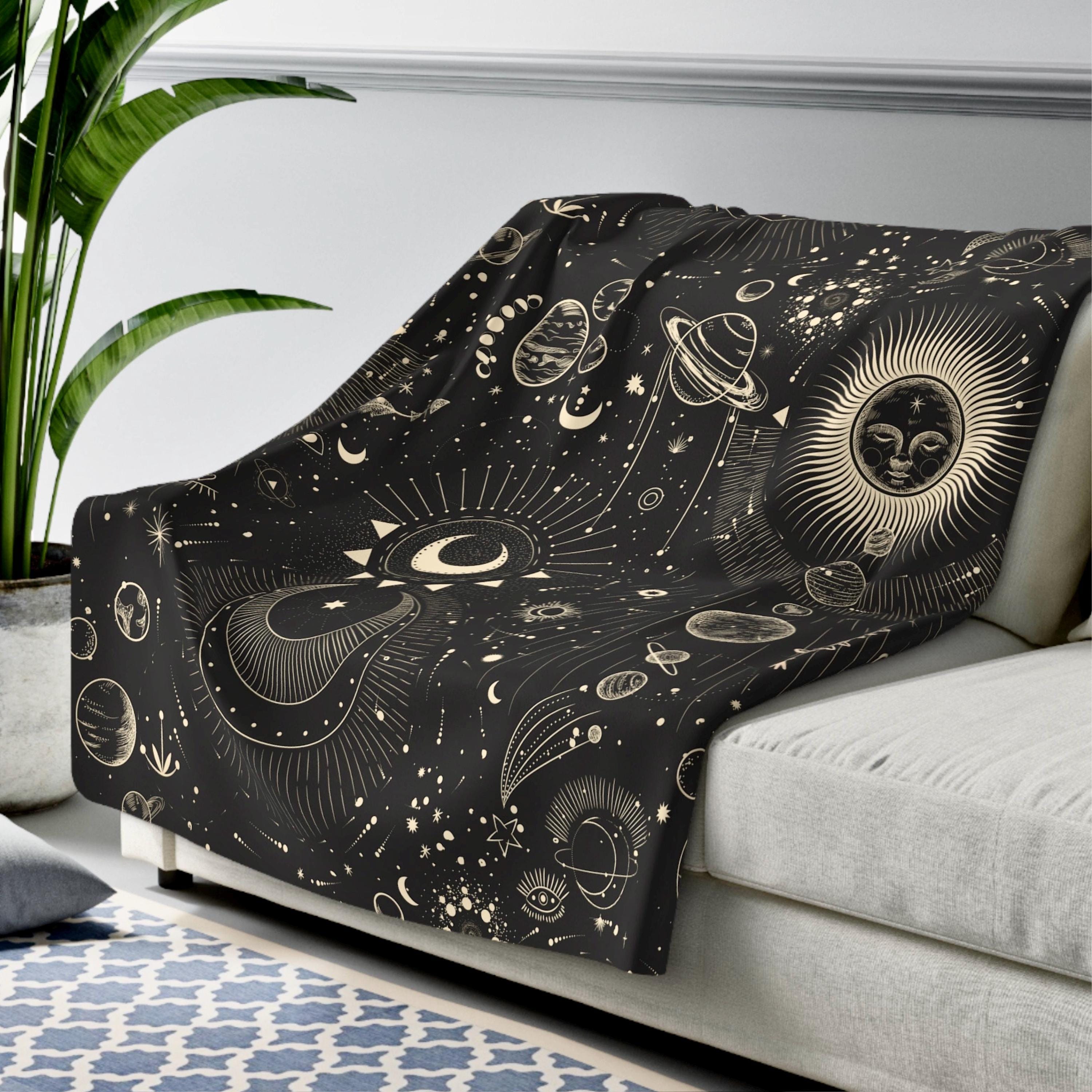 Celestial Night Sky Blanket, Black and Gold Sun and Moon Phases ...