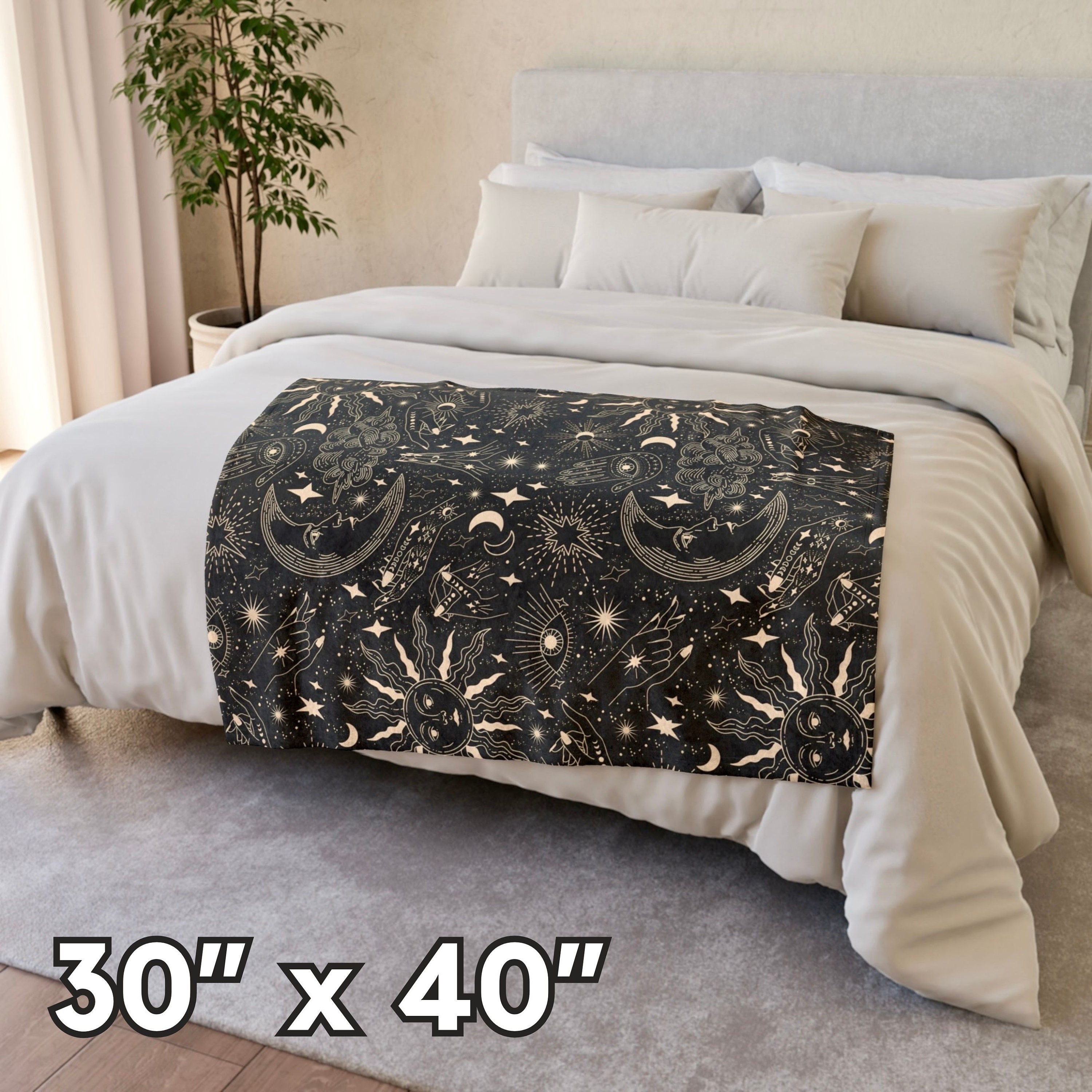 Spiritual Sun and Moon Night Sky Blanket, Celestial Black & Gold Star ...