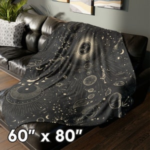Celestial Night Sky Blanket, Black & Gold, Sun and Moon, Stars and ...