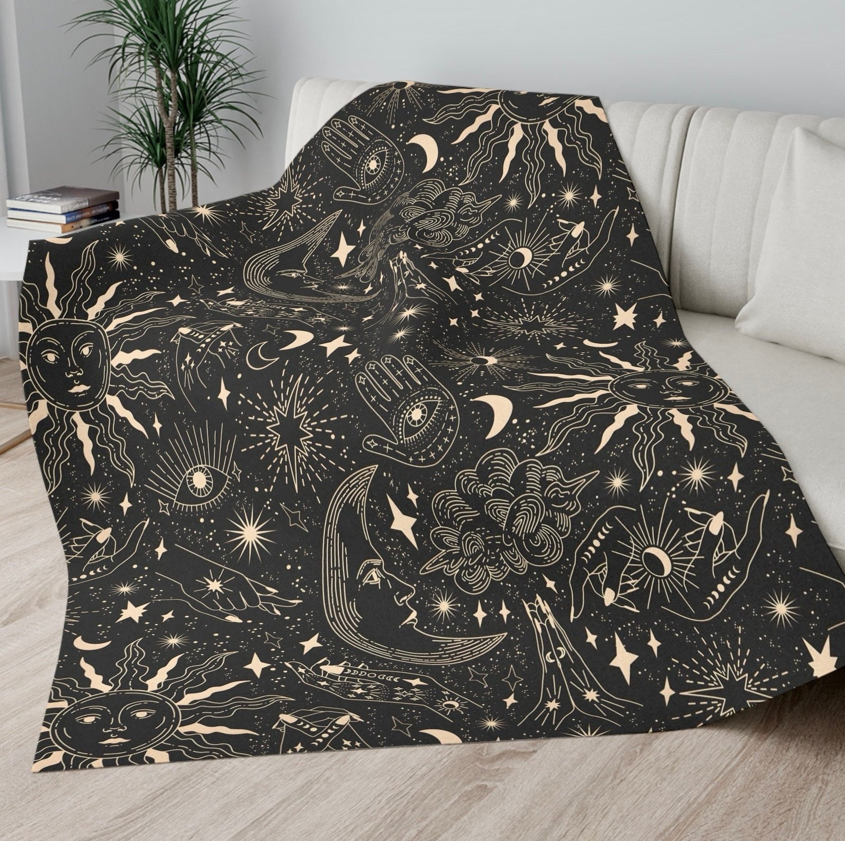 Spiritual Sun and Moon Night Sky Blanket, Celestial Black & Gold Star ...